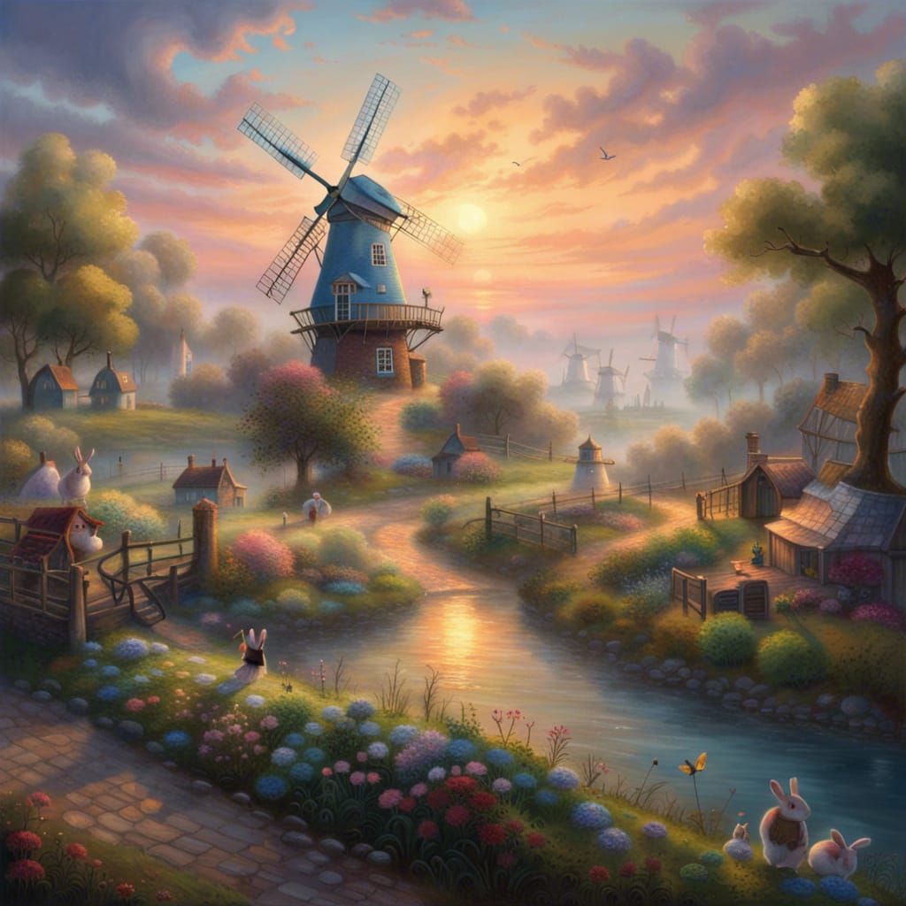 windmill alice in wonderland with LSD and DMT, furry rabbits everywhere ...