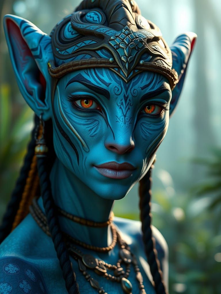 Vibrant Na'vi Woman in Bioluminescent Forest - AI Art