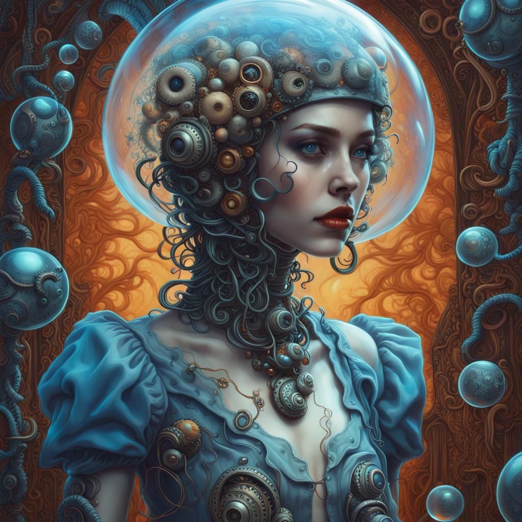 ethereal girl with porcelain skin and piercing eyes, wearing translucent bubble helmet floating ...