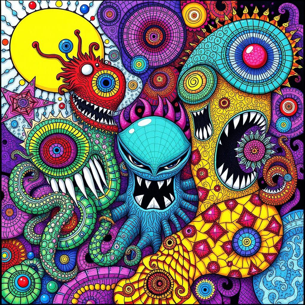 Colorful Zentangle Fractal Escher Monsters - AI Art