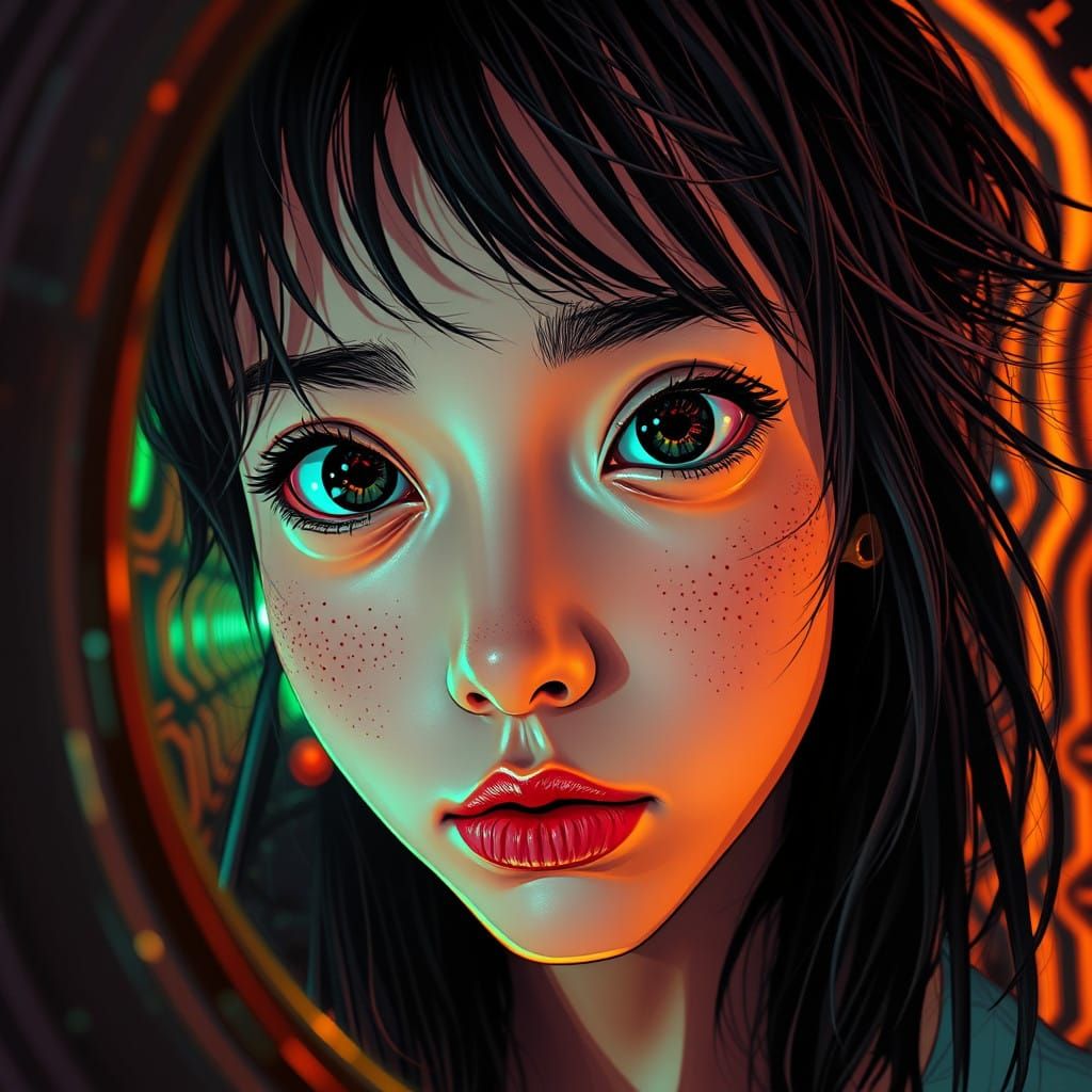 Close-up of the face and eyes of a Japanese young lady with freckles ...