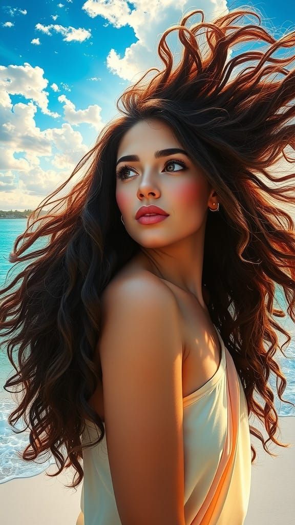 Full length painting of A dark- brown haired woman, with curly, extra ...