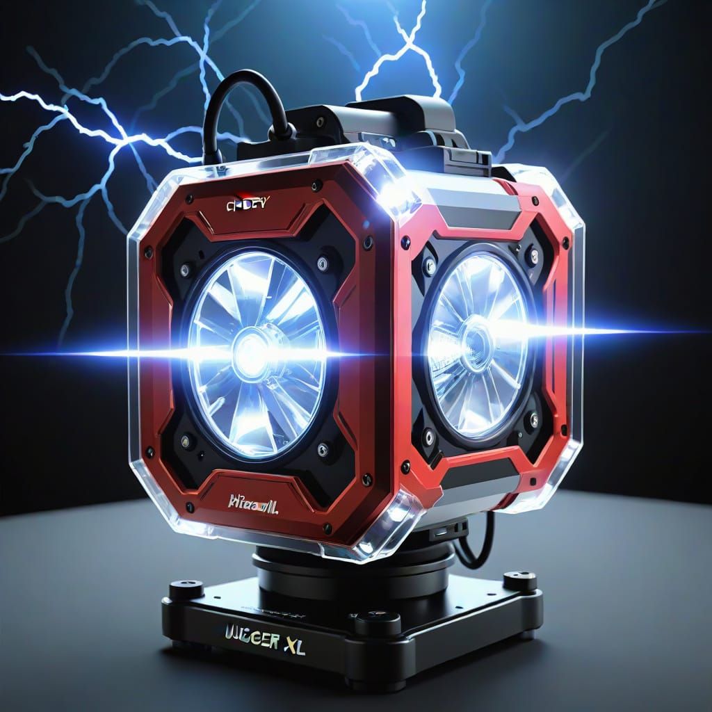 A high-tech, cube-shaped cooling device features prominent red and ...