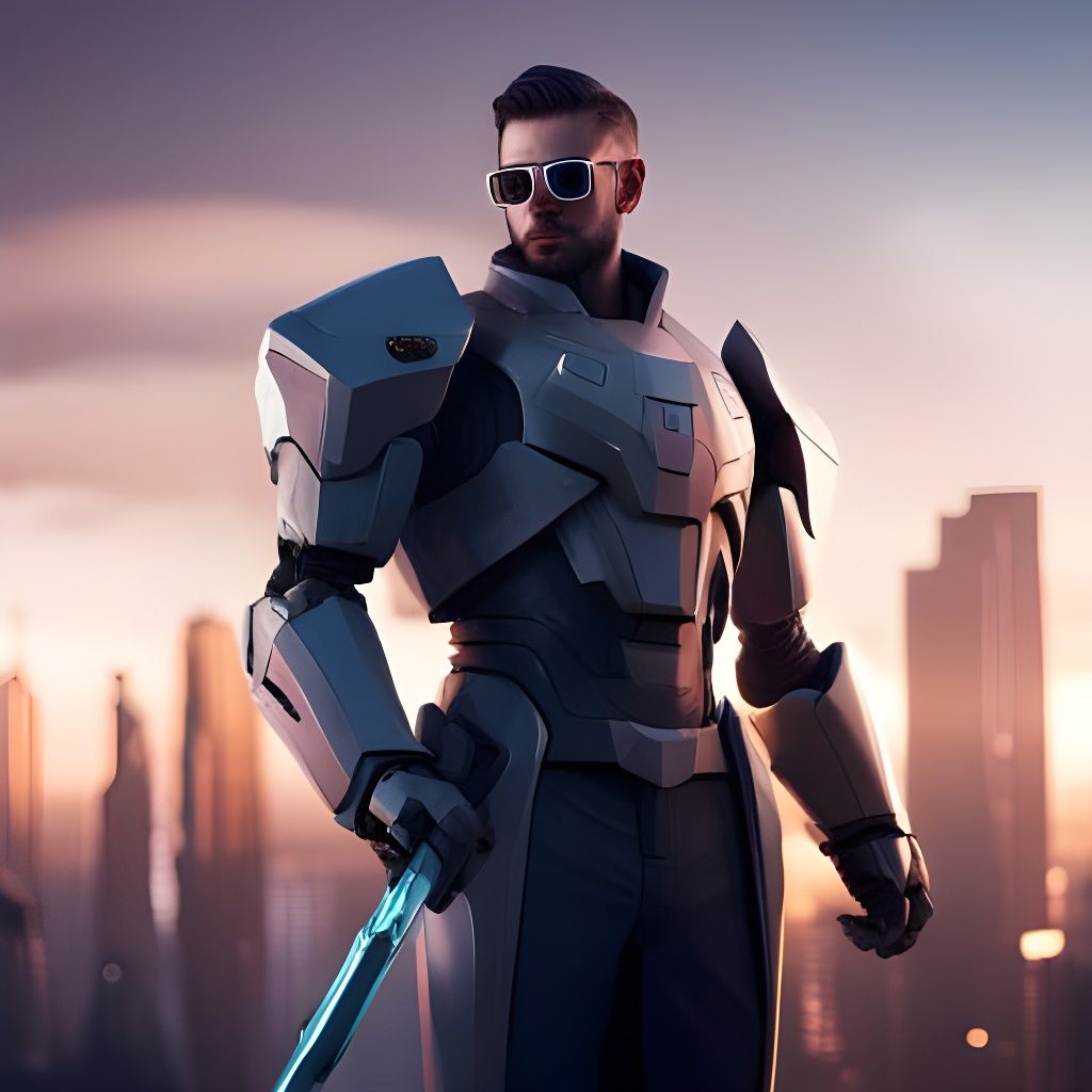 full body portrait of a man, cyberpunk, in the background a gigantic ...