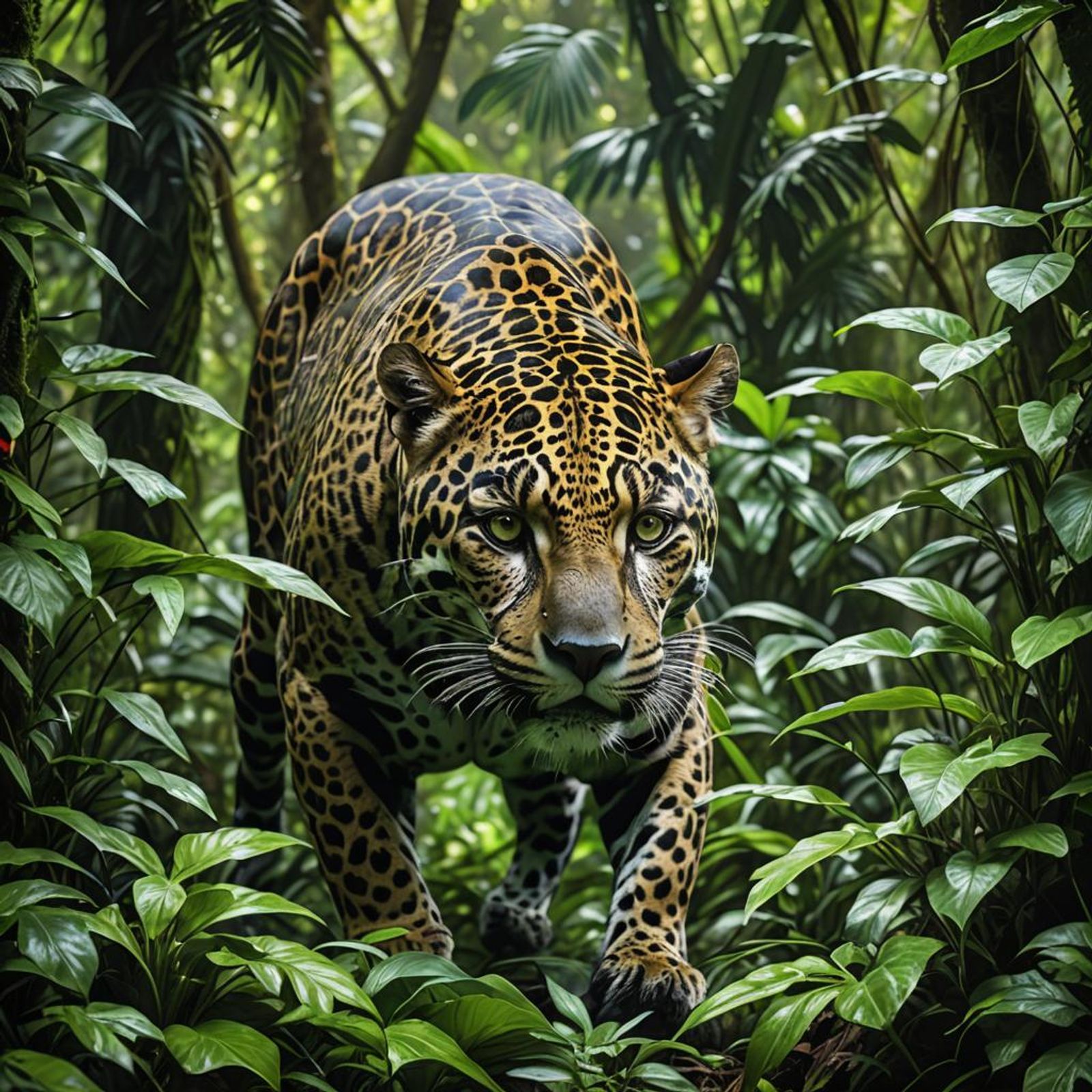 A jaguar stalking prey through the leafy green rainforest - AI ...