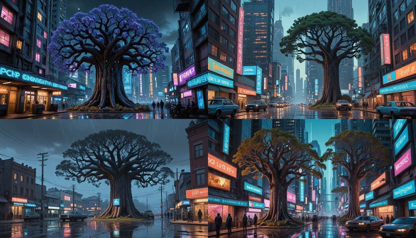 Cyber Tree - A Cyberpunk Tree of the Future Thrives in Urban...