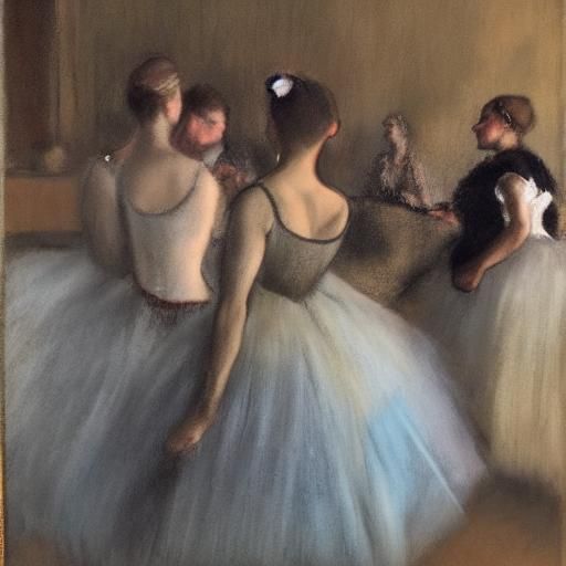 Art by Edgar Degas, behind-the-scenes at the opera, dancers preparing, musicians tuning, candid ...