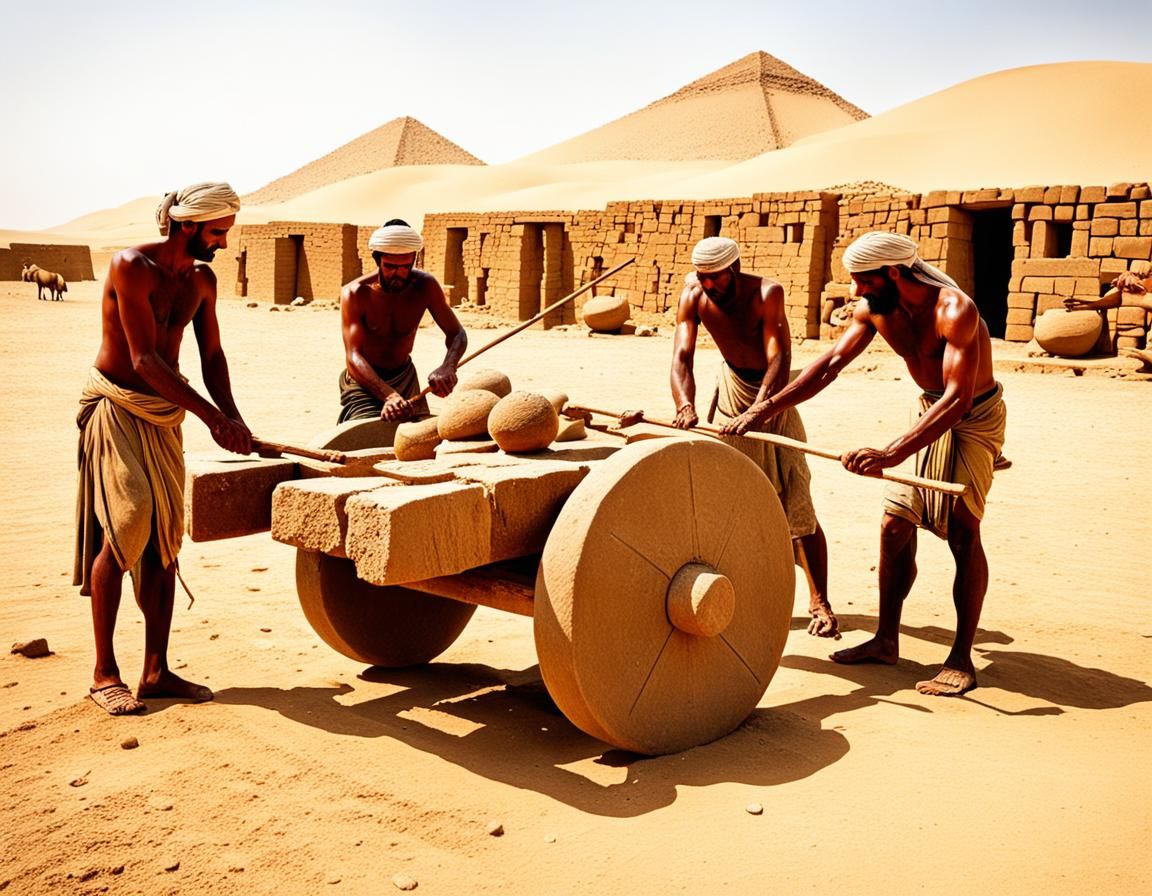 3000 BC Egyptian workers using basic hand tools to build a (crude:1.6) stone wheel and fit onto ...