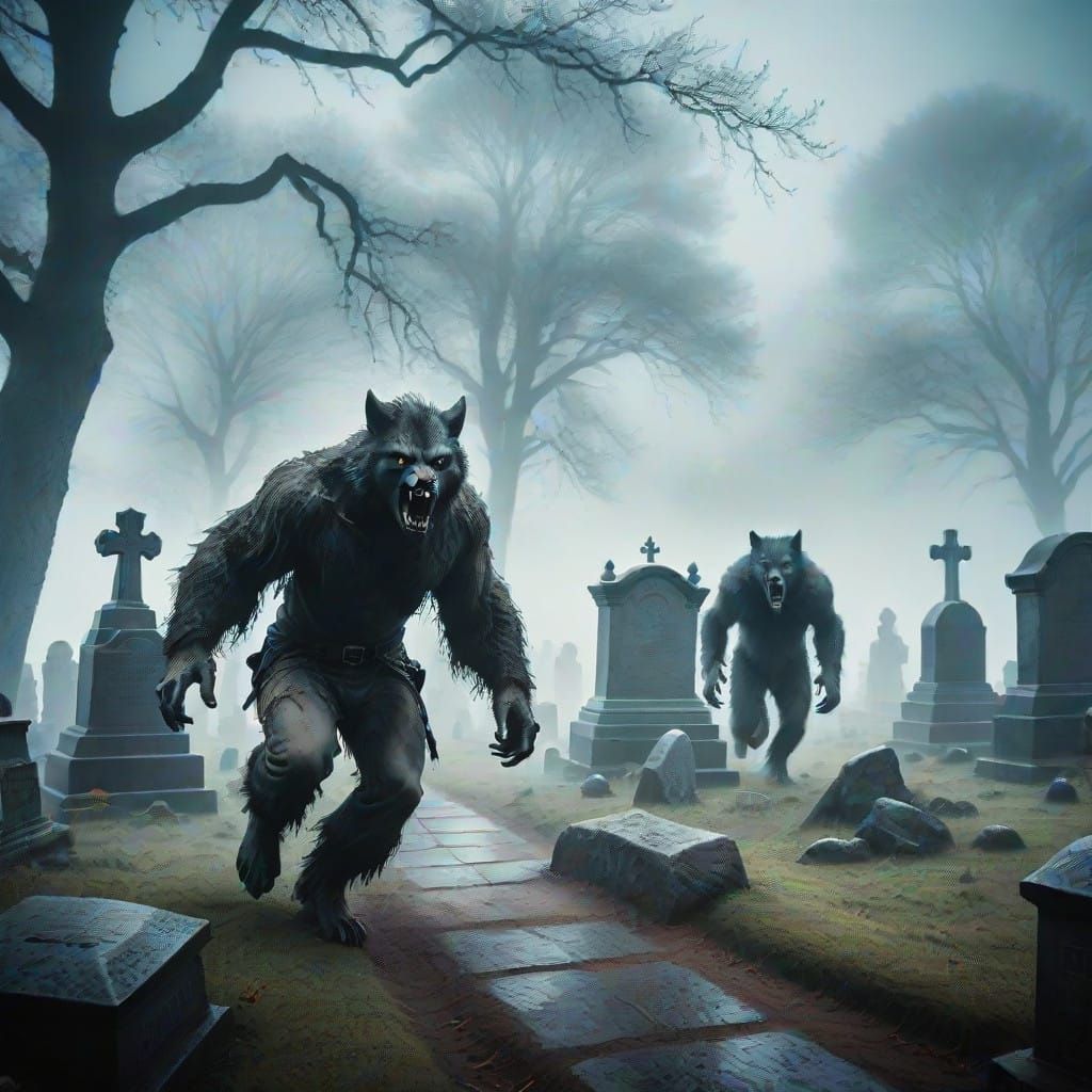 Wolfman Pursues Werewolf in Haunted Cemetery at Du... - AI Art