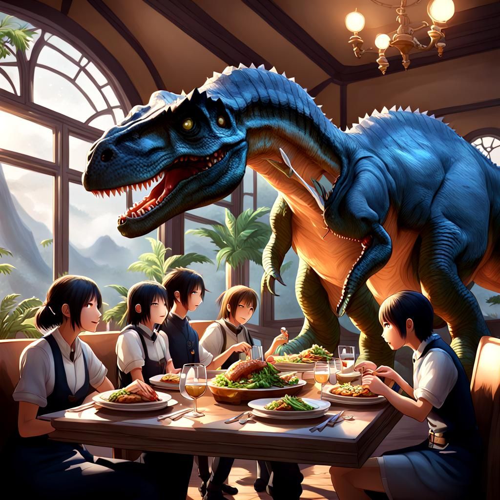 Dinosaurs in Elegant Restaurant Settings - AI Art