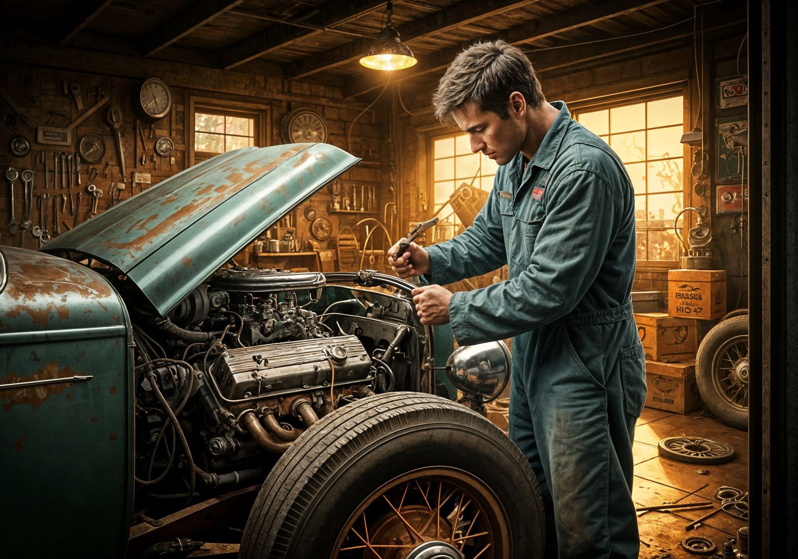 mechanic working on a vintage car - mechanic working on a vi...
