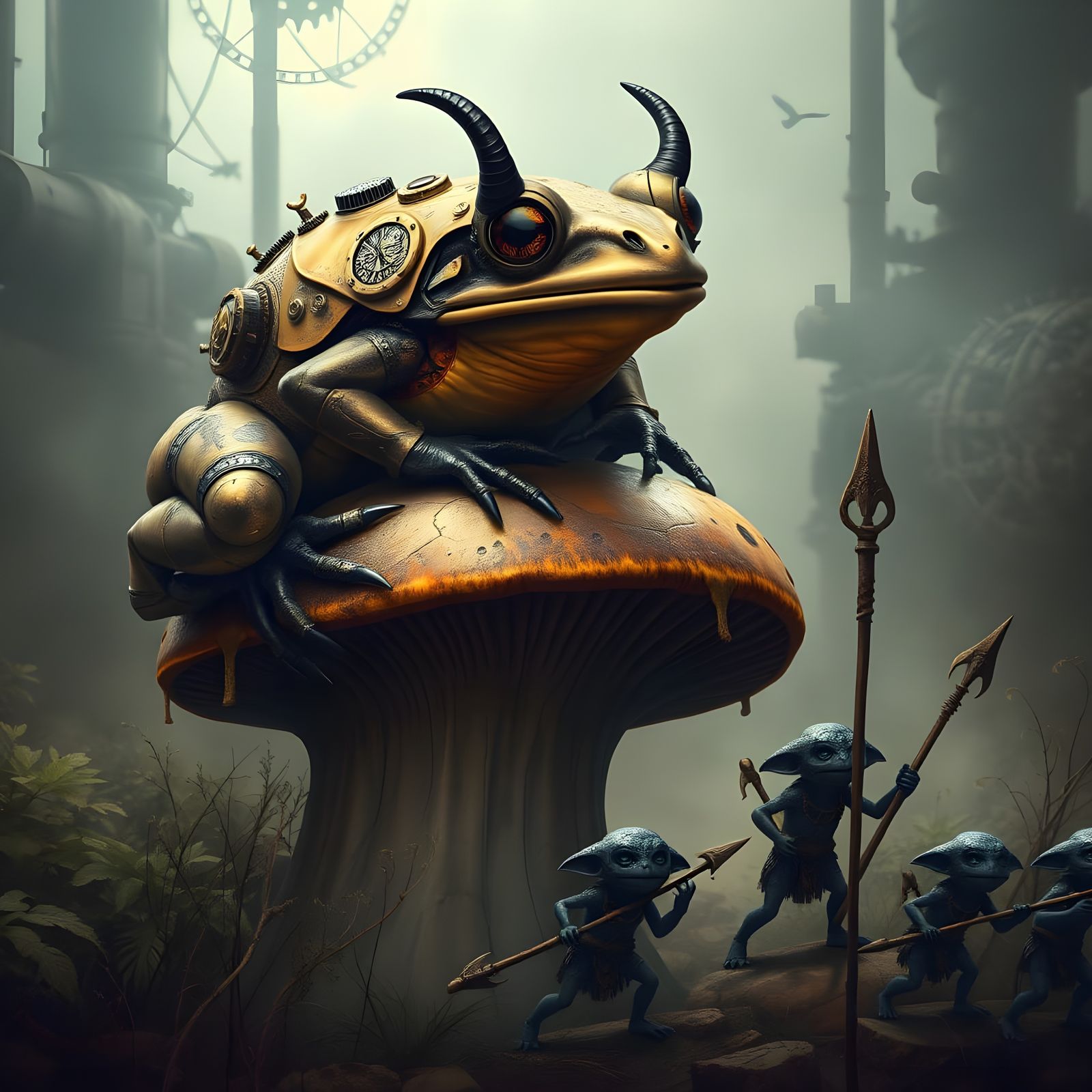 Glowing Steampunk Toad Amidst Toxic Mushroom and G... - AI Art