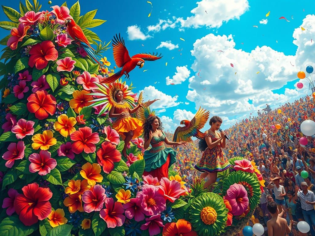 Vibrant Tropical Parade Scene in Whimsical Style - AI Art