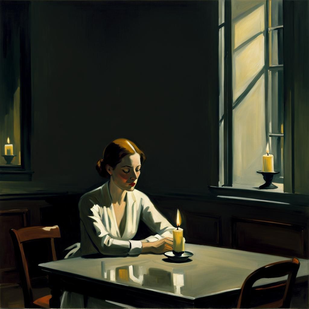 Art by Edward Hopper, a serene, introspective candlelit dinner for one ...