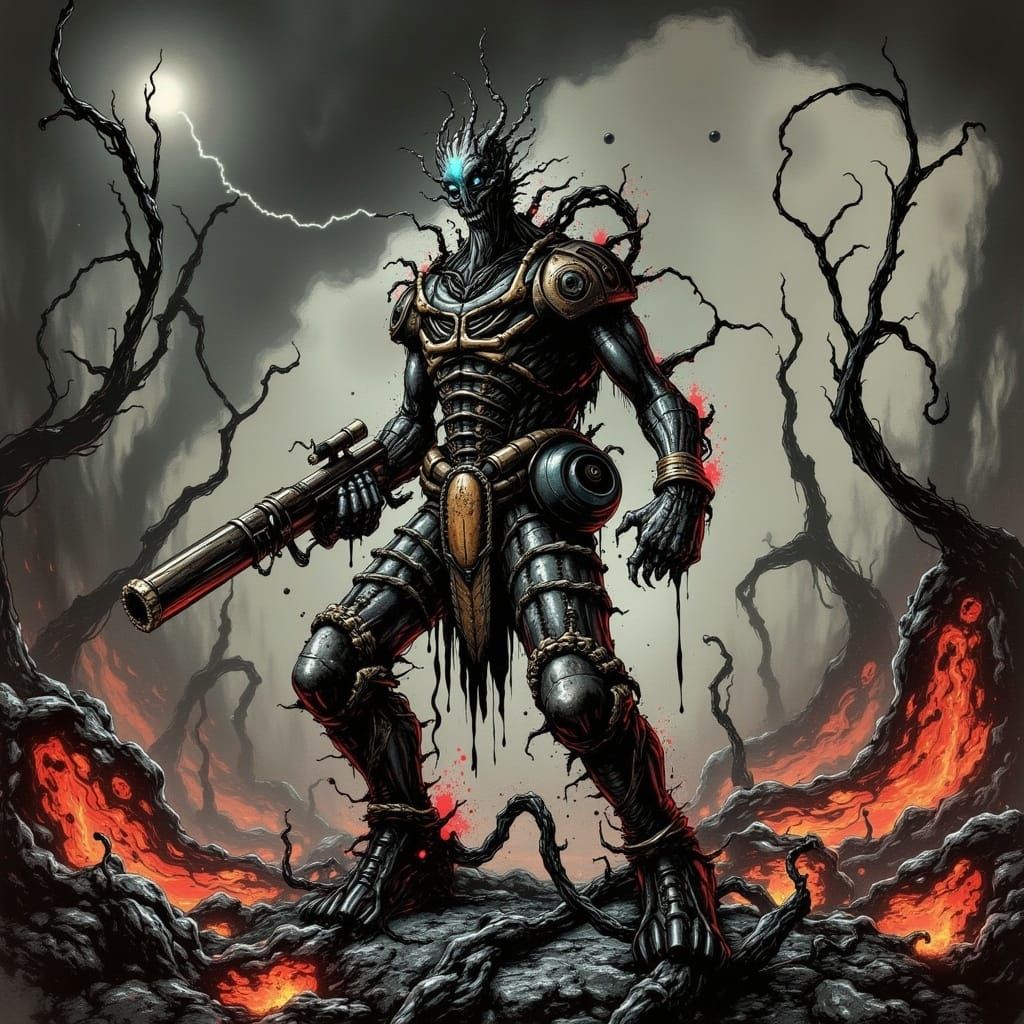Steampunk Alien Warrior in Lava Landscape - AI Art