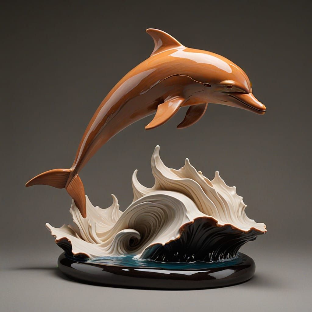 A terracotta clay sculpture of a huge clay dolphin leaping out of the ...