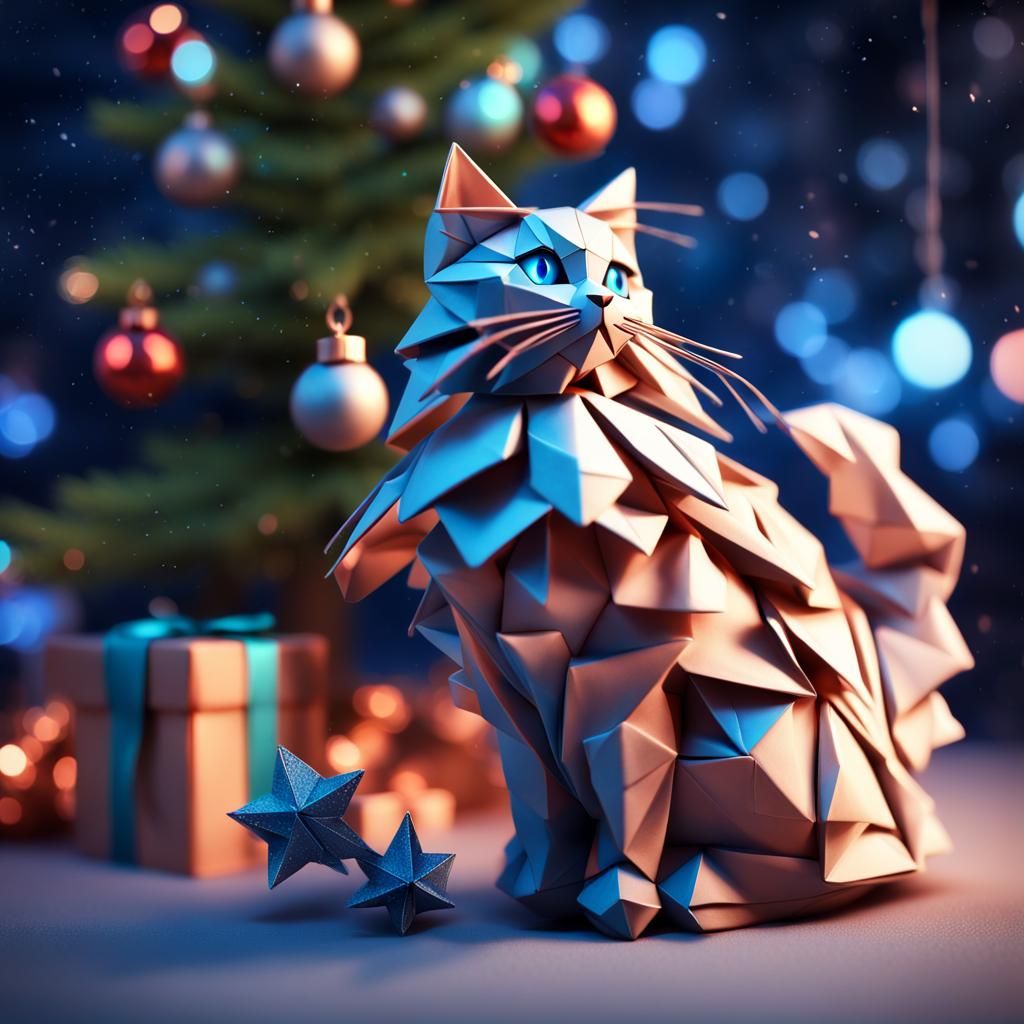 Origami cute adorable ragdoll-cat with blue lights on christmas tree ...