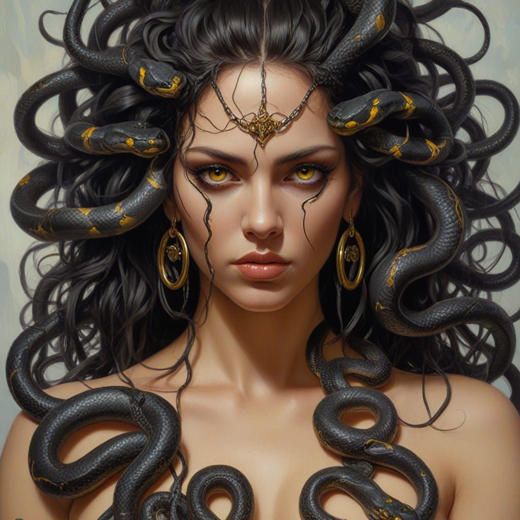 Seductive Woman Transformed by Serpentine Locks - AI Art