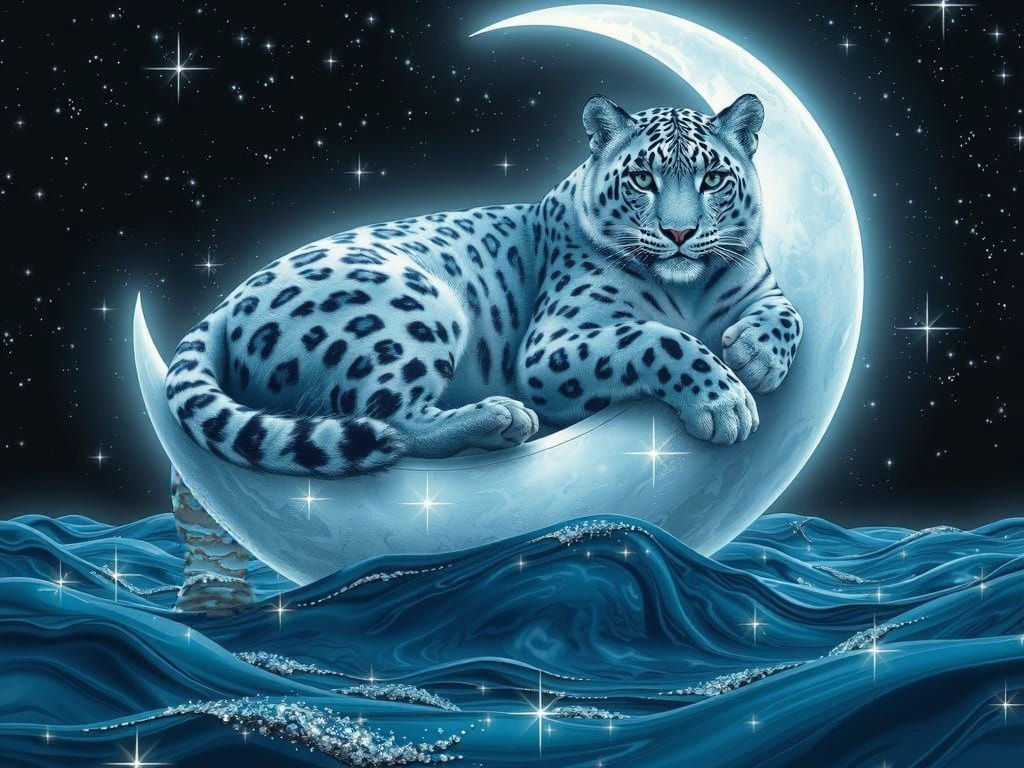 Fantasy beautiful snow leopard moon sea and starry sky - 1