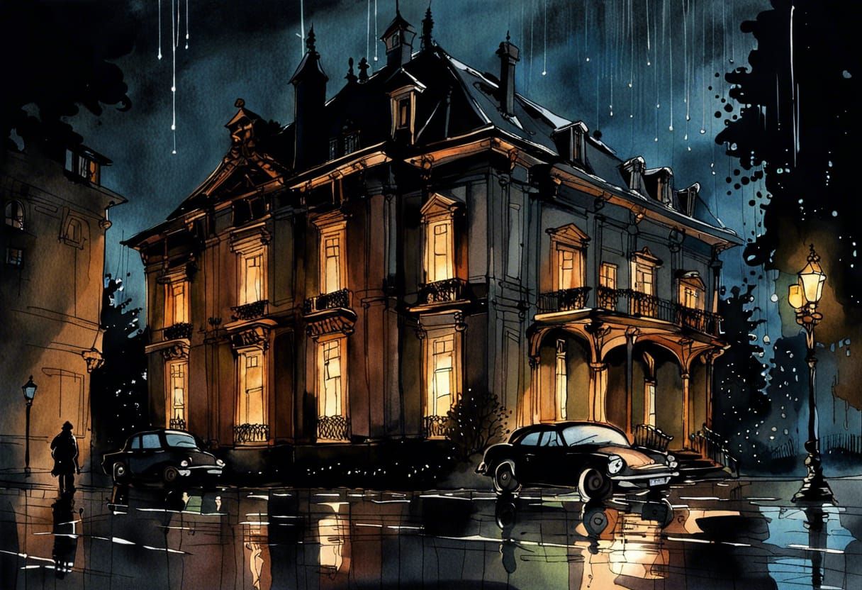 a baroque style manor, on a dimly lit modern street, rainy night. ink ...
