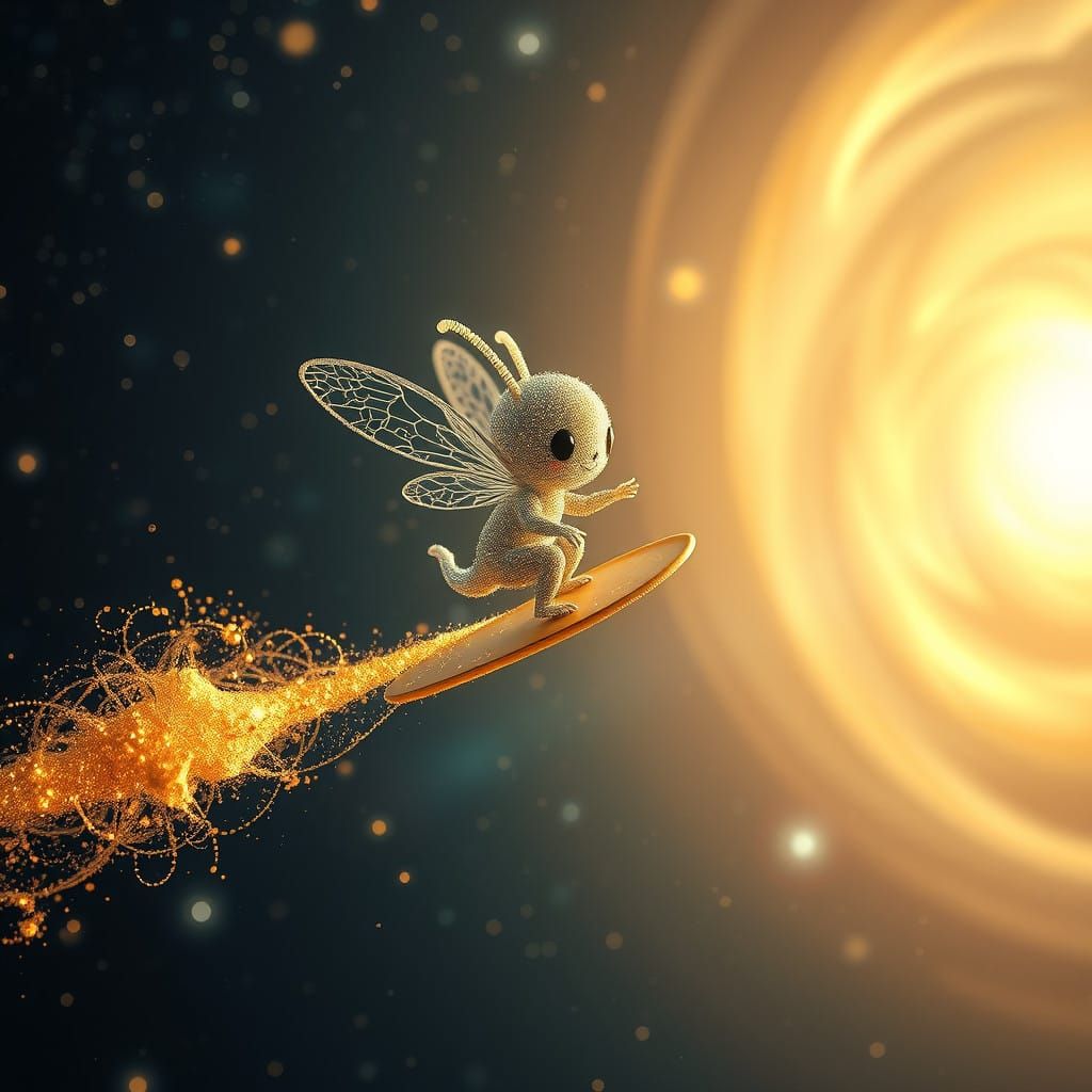 Worm's eye view of a kawaii Galactic fairy surfer made from intricate ...