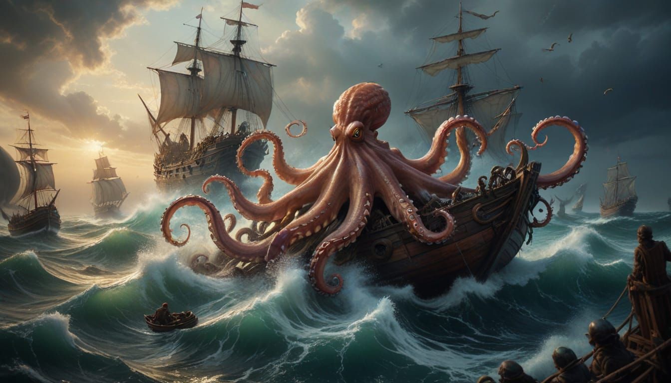 Octopus Rises from the Ocean in a Medieval Sailing... - AI Art