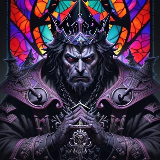 (Hyper detailed artwork of a evil king with scowl on his face and black ...