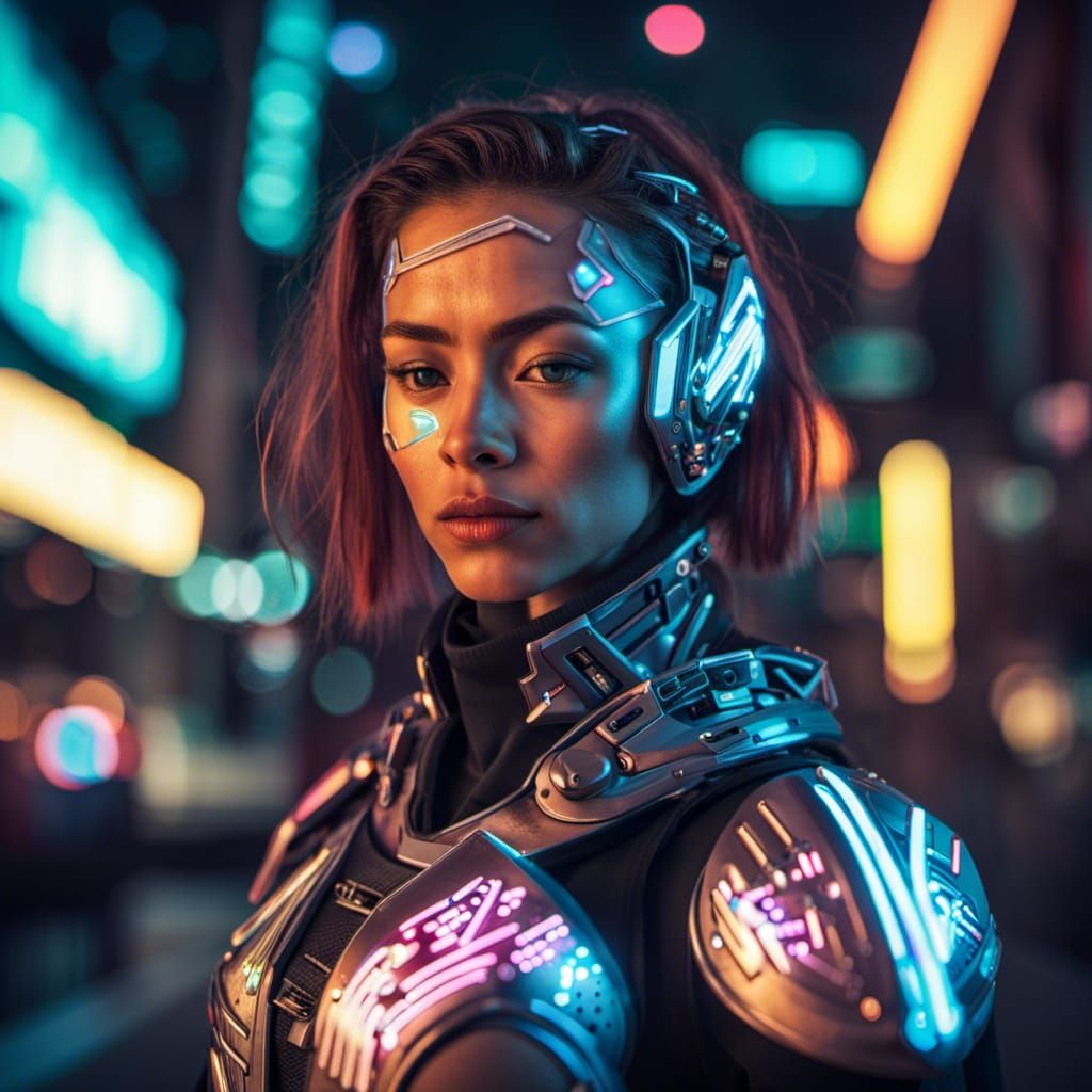 Portrait of a cyborg girl wearing futuristic face armor in a neon city ...