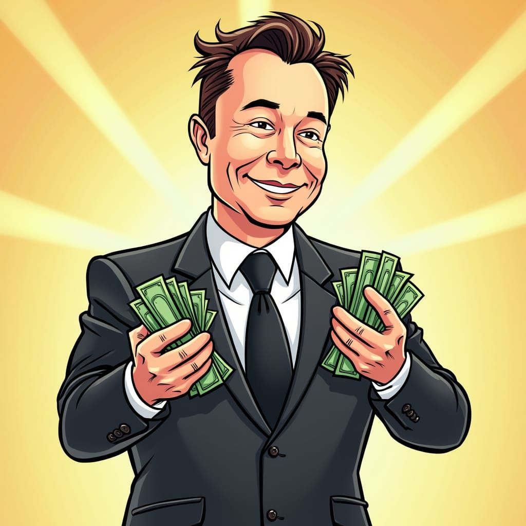 Elon Musk shows a prideful smirk with hands full of dollar bills