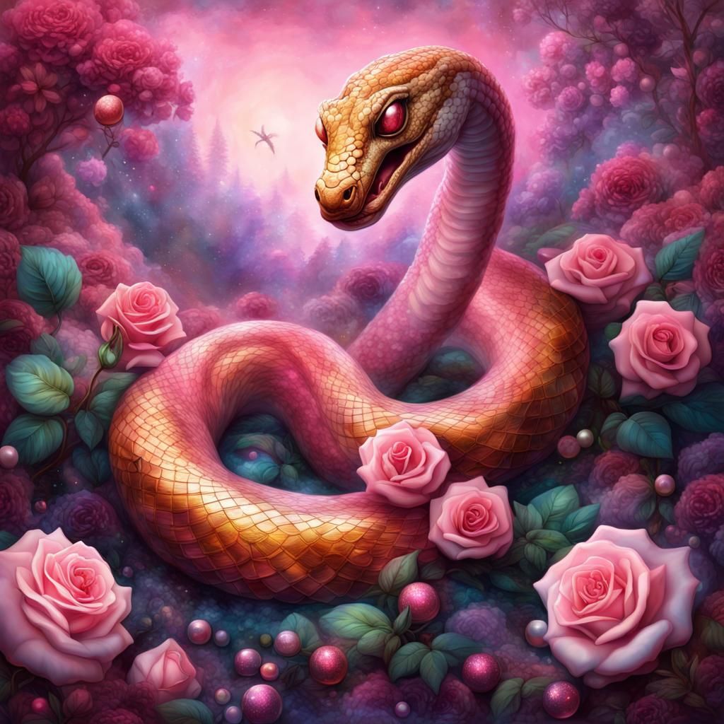 A beautiful serpent is lying on its bed and standing among rose and ...