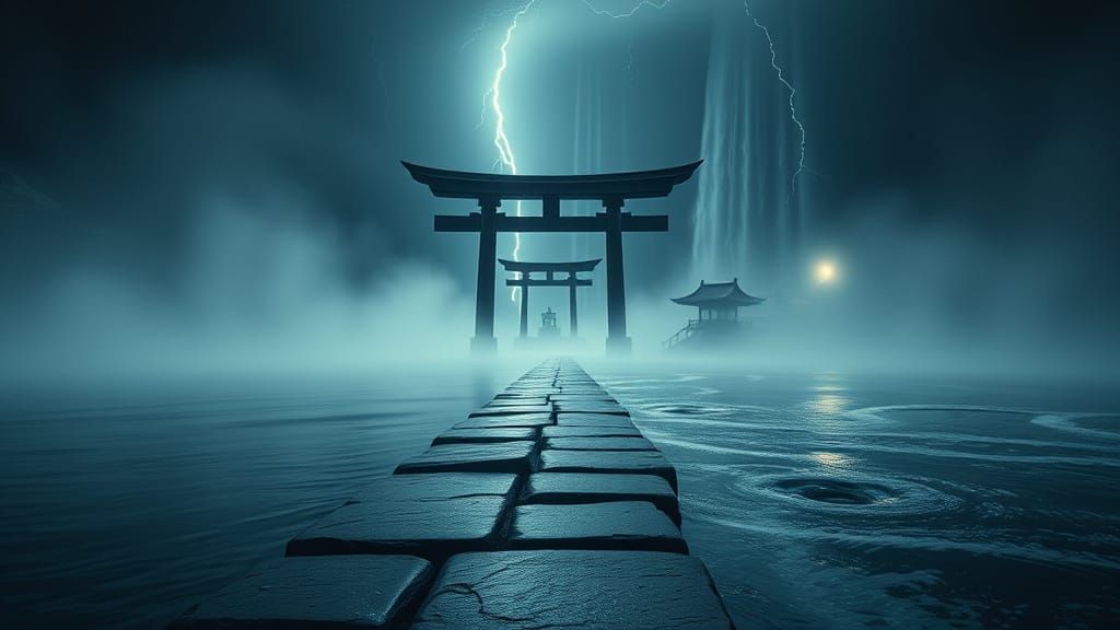 Mysterious Shrine Beyond Torii Gate in Thick Fog - AI Art