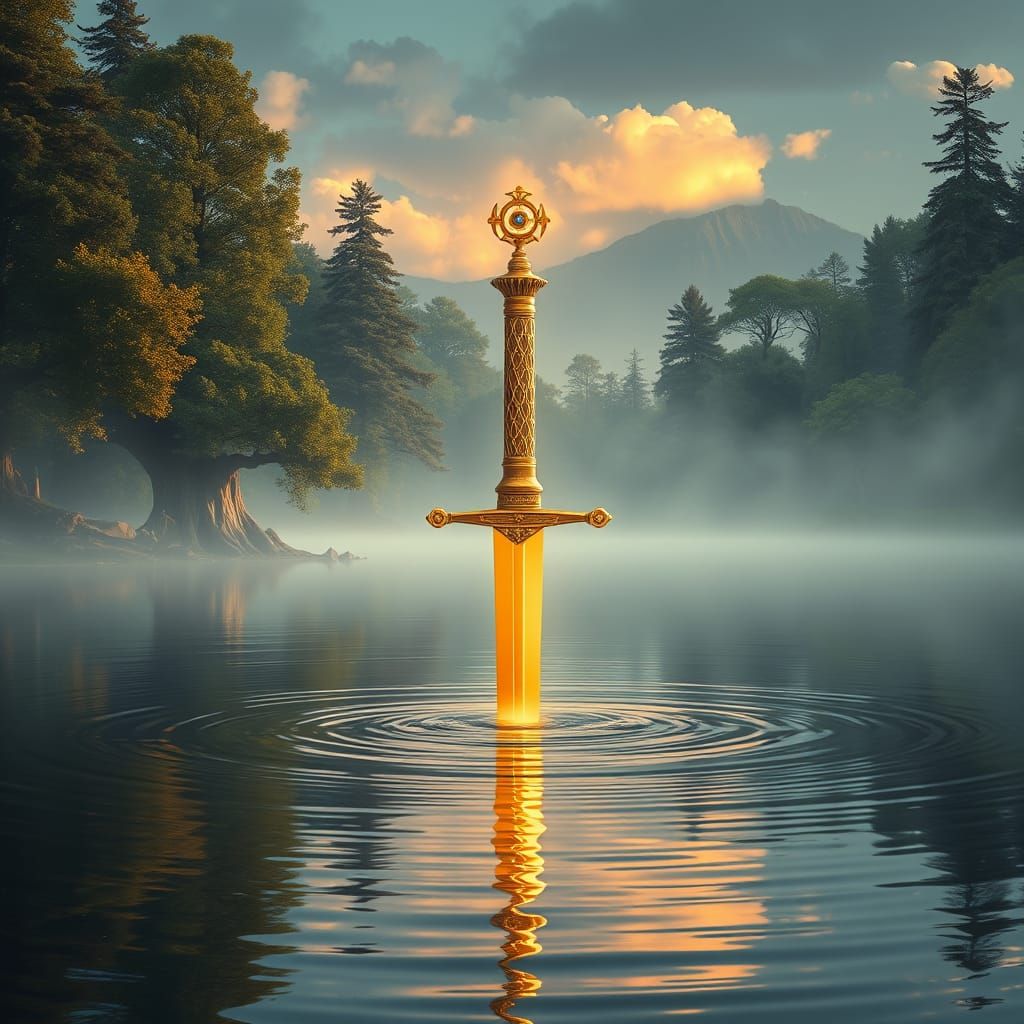 Excalibur rising from a lake - Golden Excalibur Rises from t...