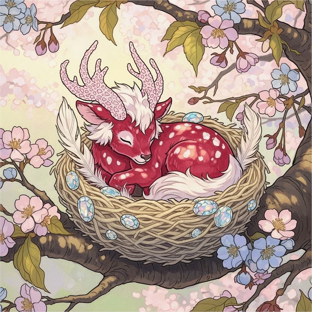 Sleeping Ruby Kirin in Cherry Blossom Tree - AI Art