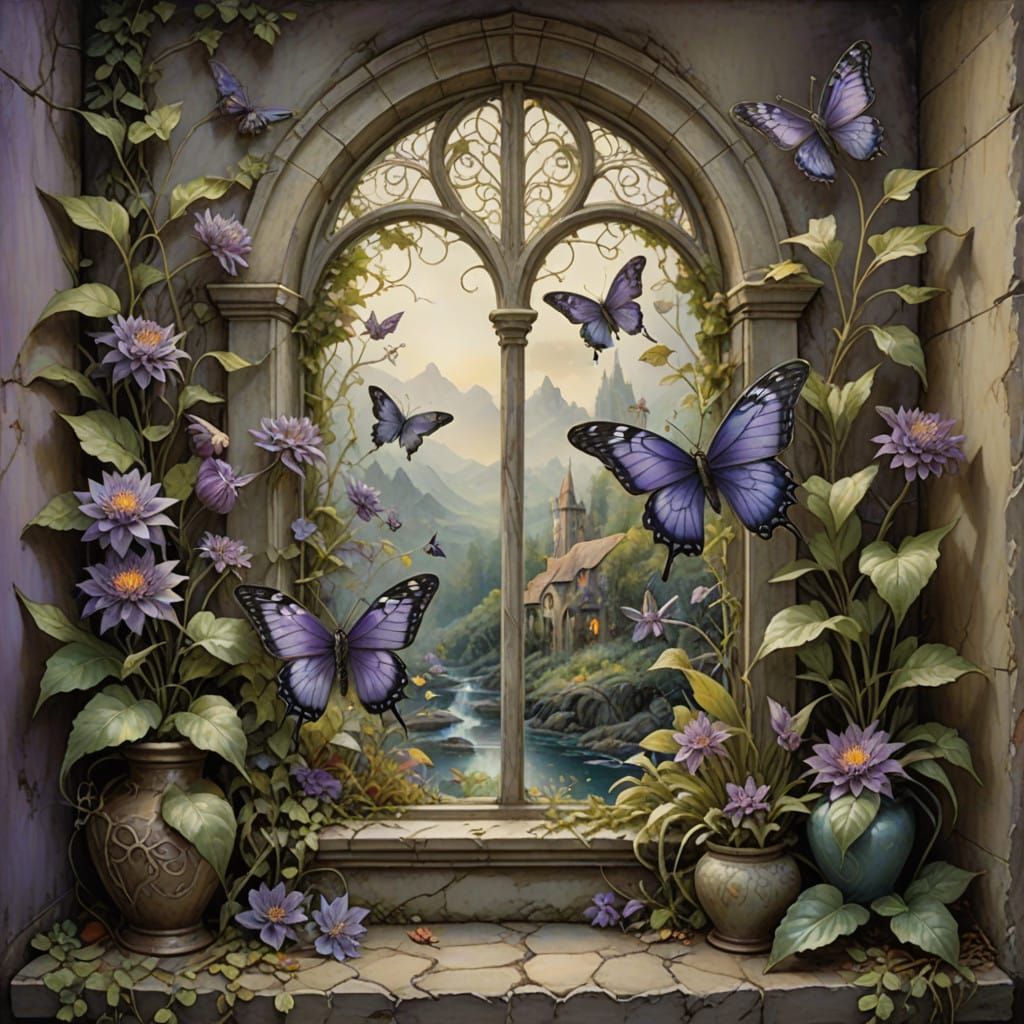 “Enchanted Window “ - Whimsical Gothic Window to a Lush, Ove...