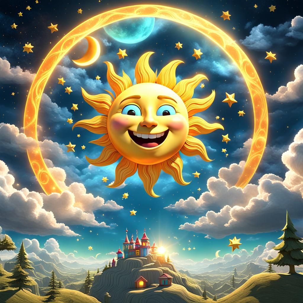 A grinning sun, cheerful moon, lively star, and playful clouds. All ...