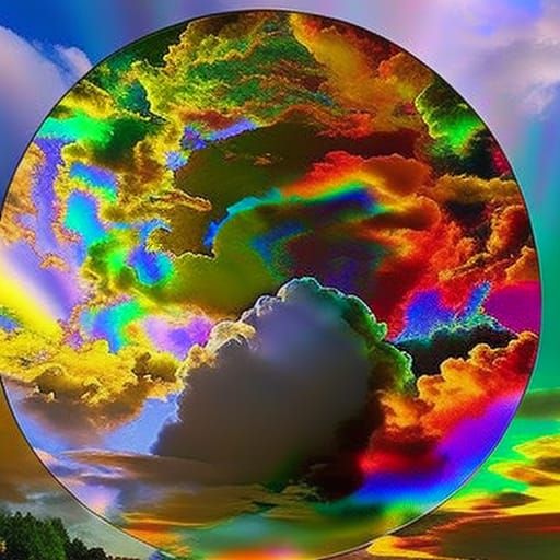 Rainbow surrounding clouds and flora, abstract surrealism thermal ...