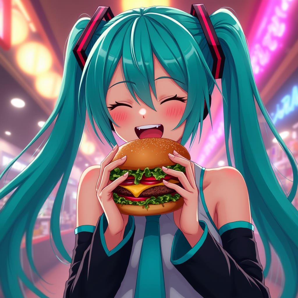 Hatsune Miku eating a burger anime - Hatsune Miku Savoring a...