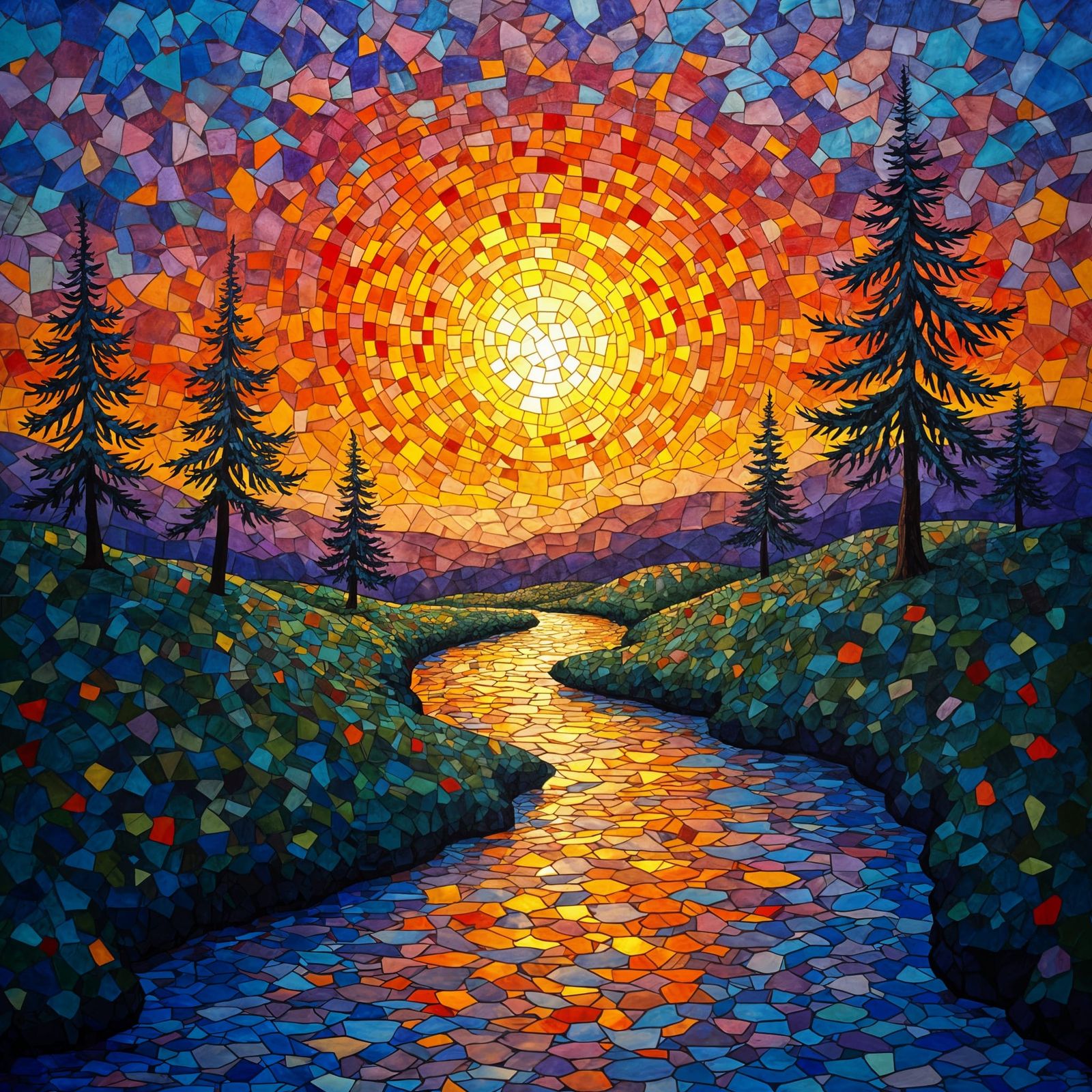 Resplendent Sunrise Stained Glass Mosaic - AI Art