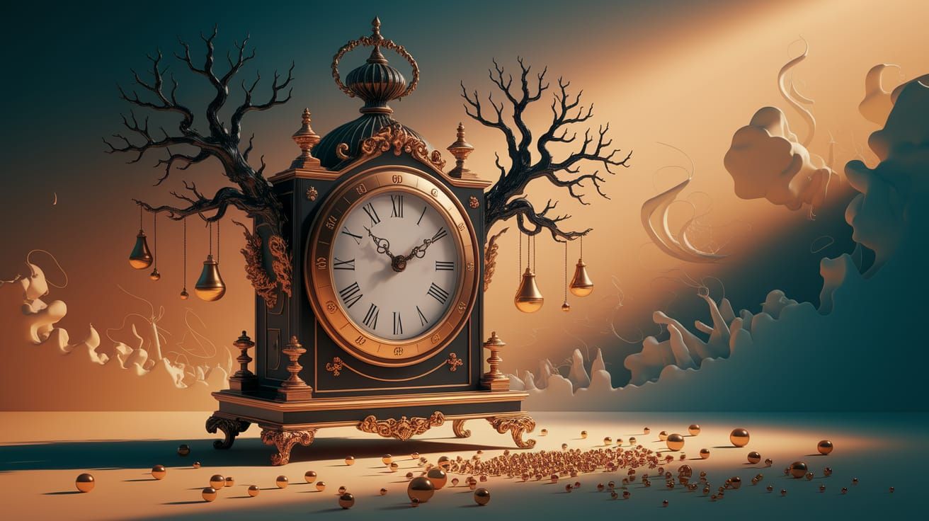 Ethereal Clock Strikes Backwards in Surrealist Fan... - AI Art