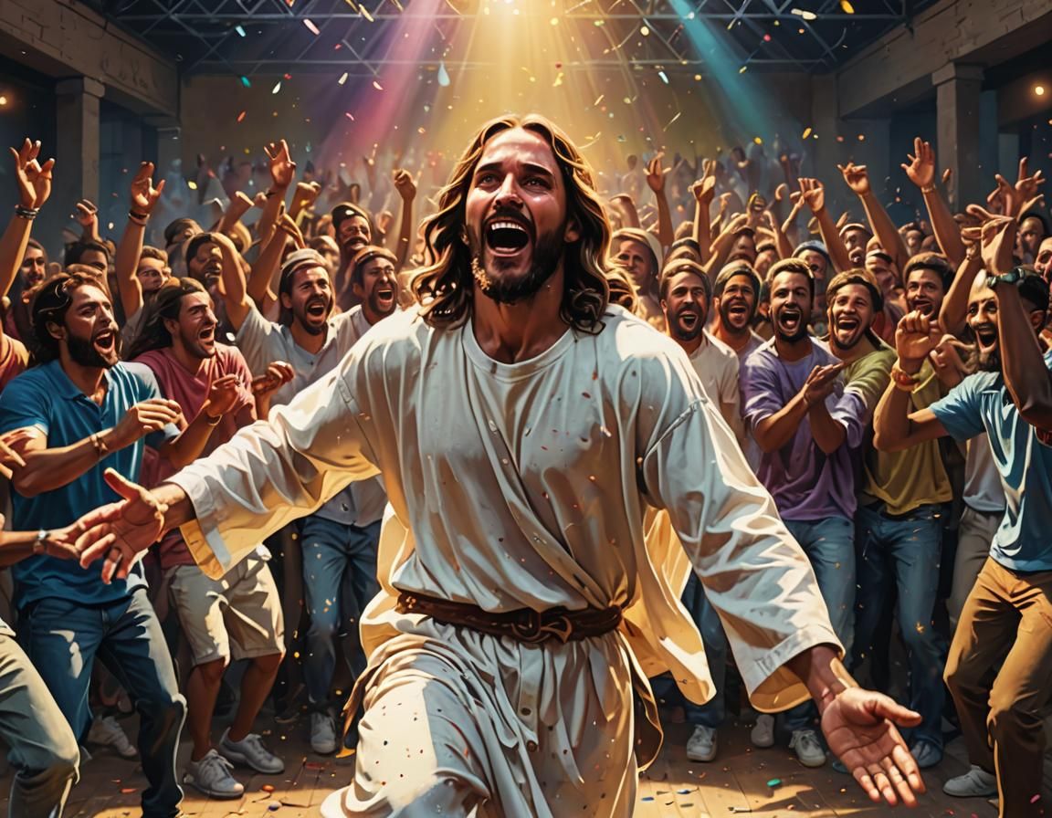 Jesus christ voguing dancing , spotlight and a cheering lqbt crowd ...