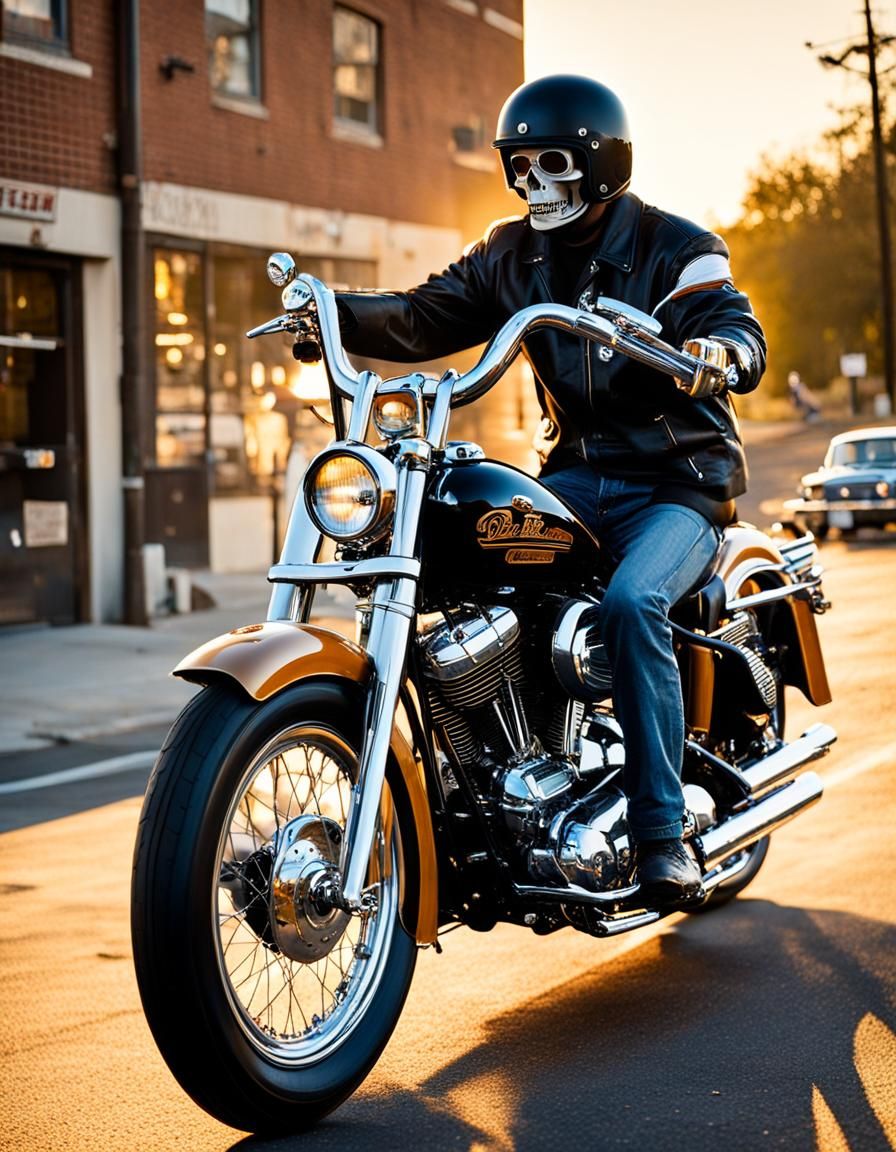 "Death" riding a1960 Harley-Davidson XLCH, Golden hour, side view - AI ...