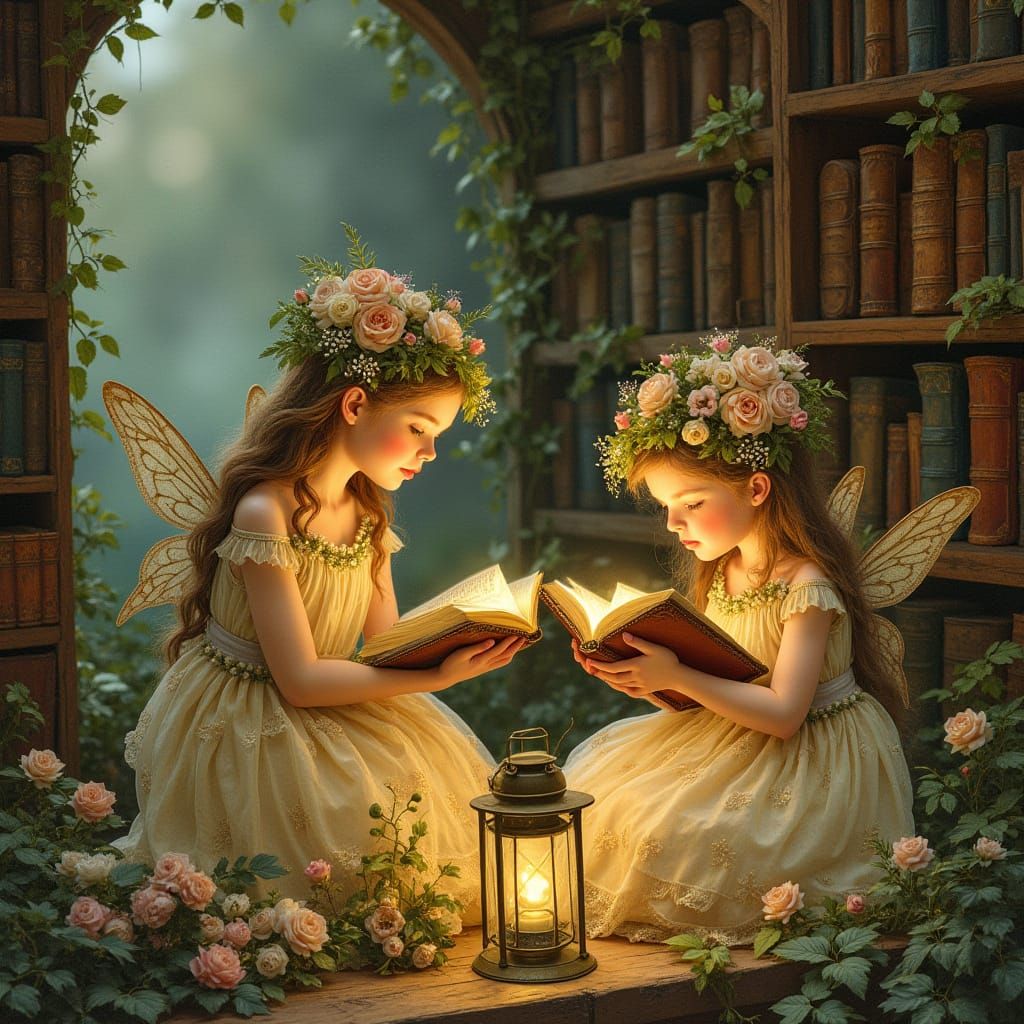 Flower fairies reading in the library