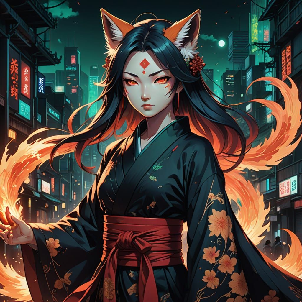 Shadow Demonic Kitsune girl - Mystical Kitsune Goddess in D...