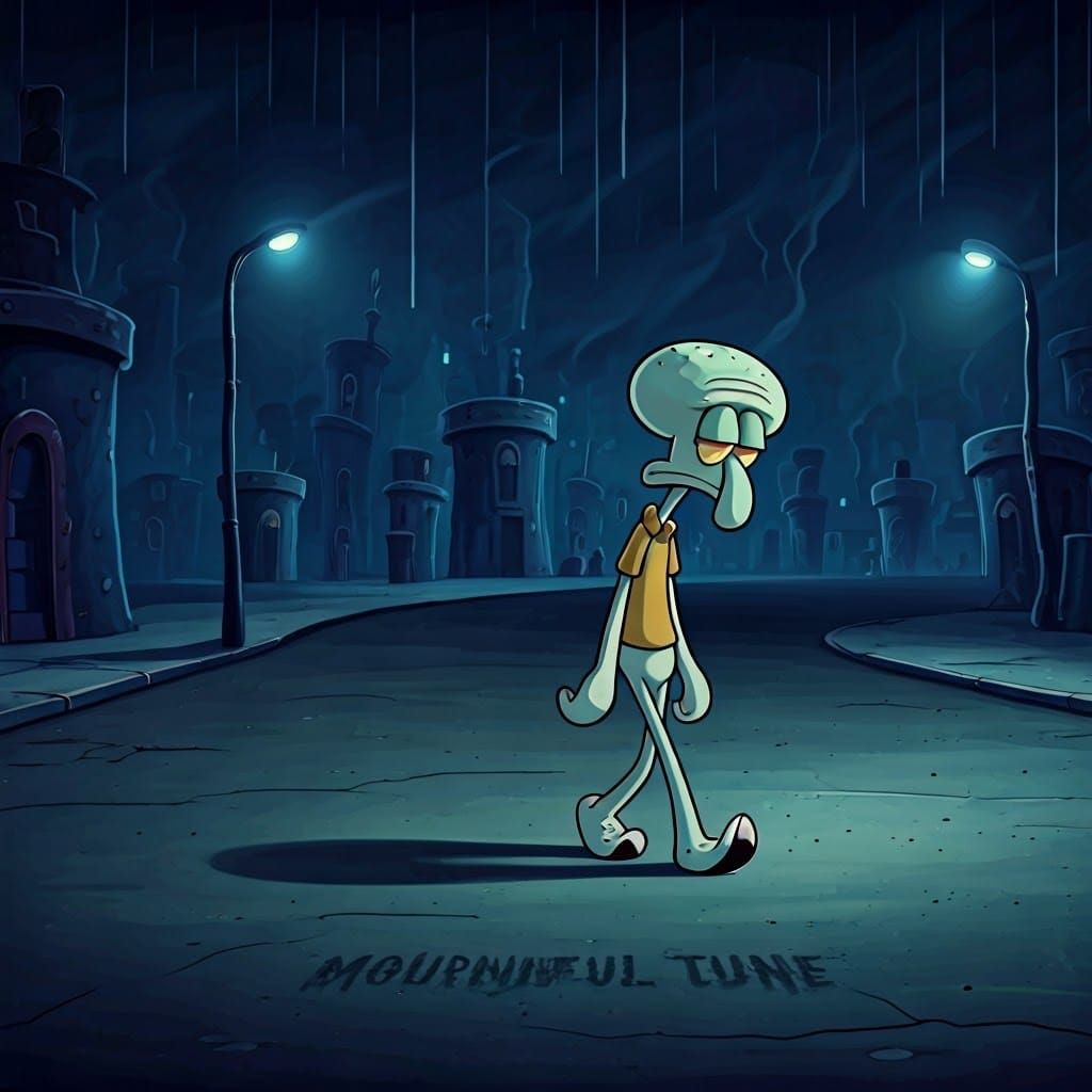 Squidward's Melancholy Stroll in a Haunting, Cyber... - AI Art