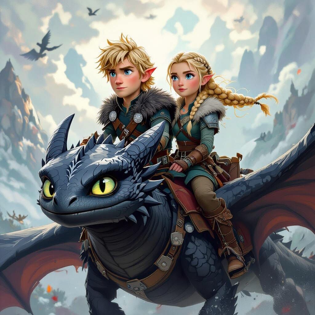 Hiccup and Astrid Ride Toothless in Dreamlike Scen... - AI Art