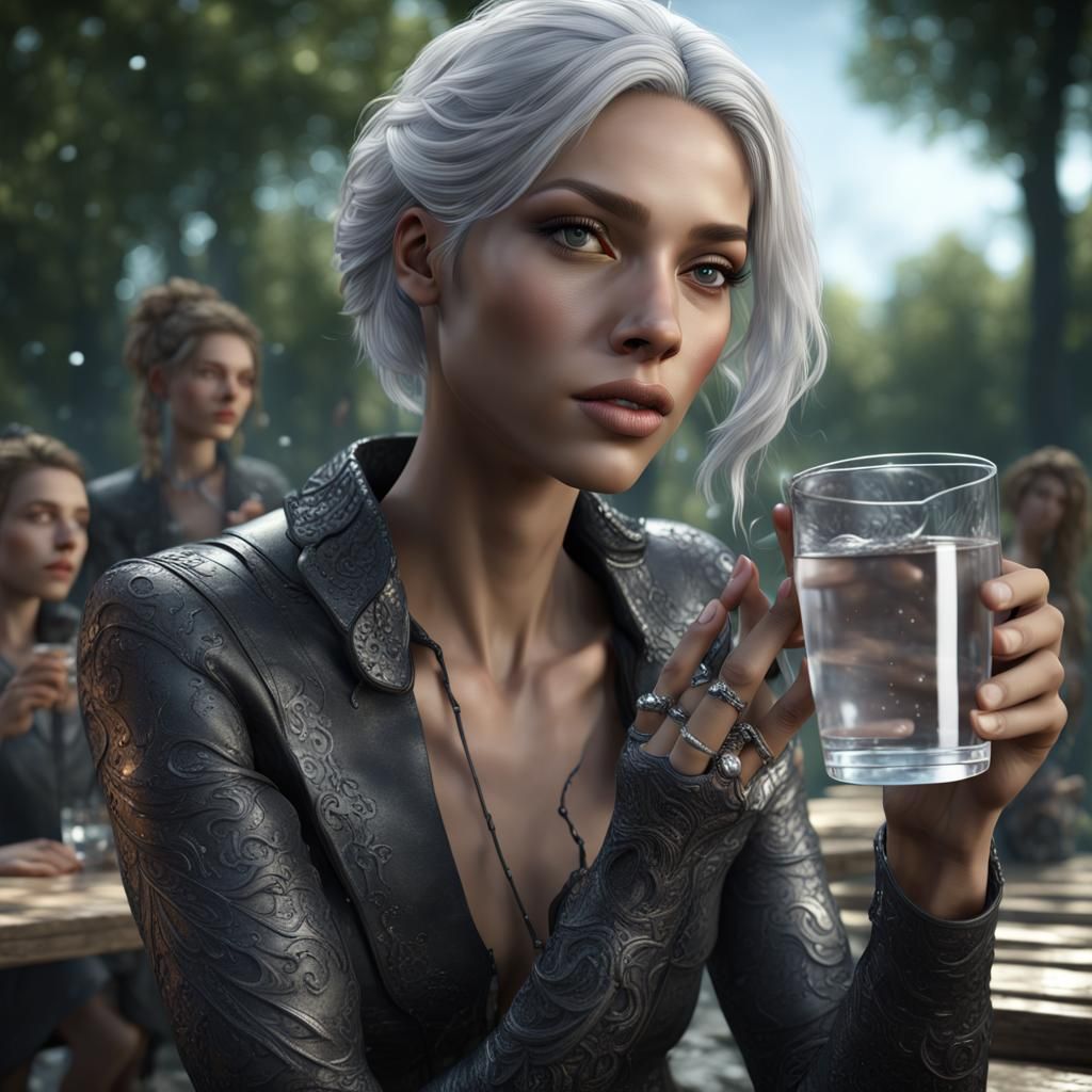 Create Realistic AI Human Face with table and a glass of water in hand ...