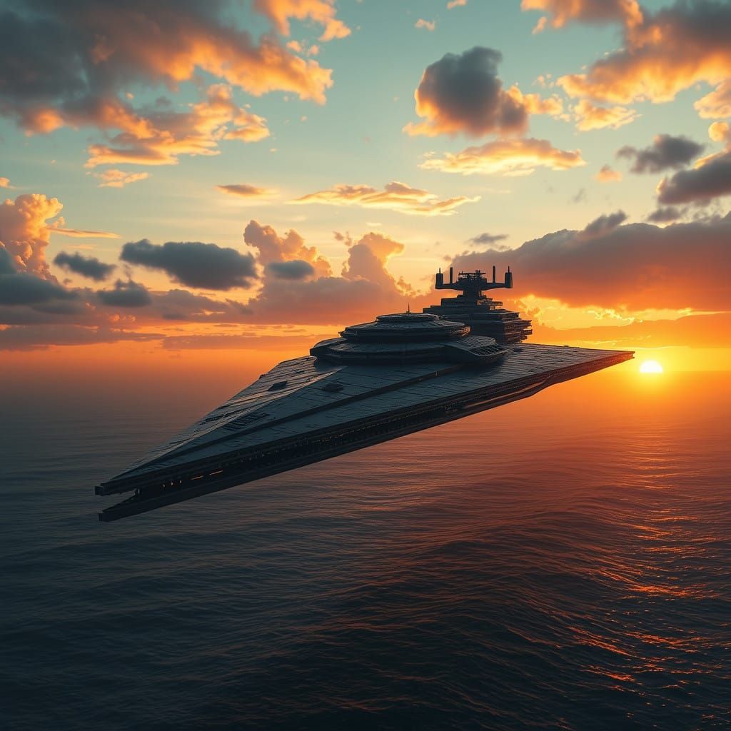 New Imperial Star Destroyer over the ocean during a beautiful sunset