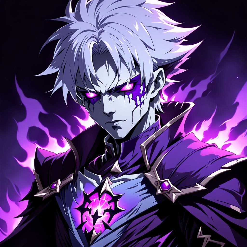 an undead blood mage, glowing cracks on his face, pale grey skin ...