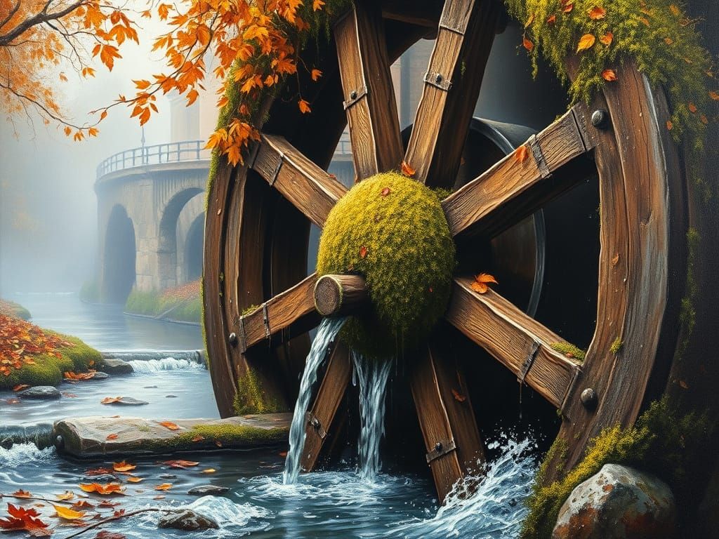 Richly Textured Autumn Waterwheel in Mossy Woodlan... - AI Art
