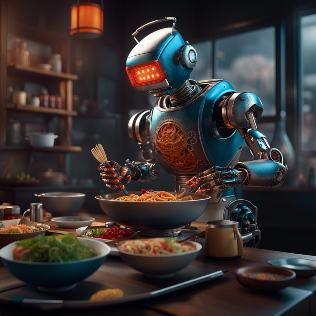 Robot Butler serving hot fresh ramen - AI Generated Artwork - NightCafe Creator